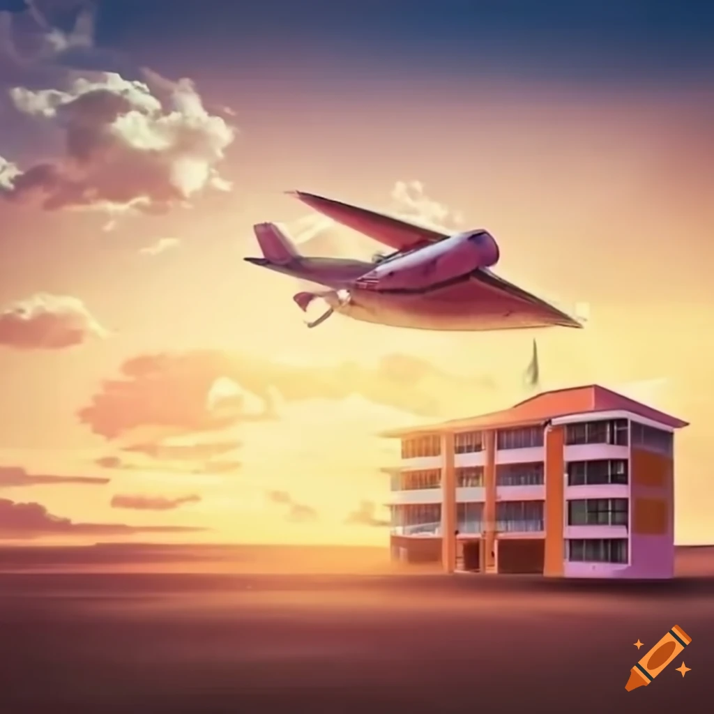 School building with a plane flying overhead on Craiyon