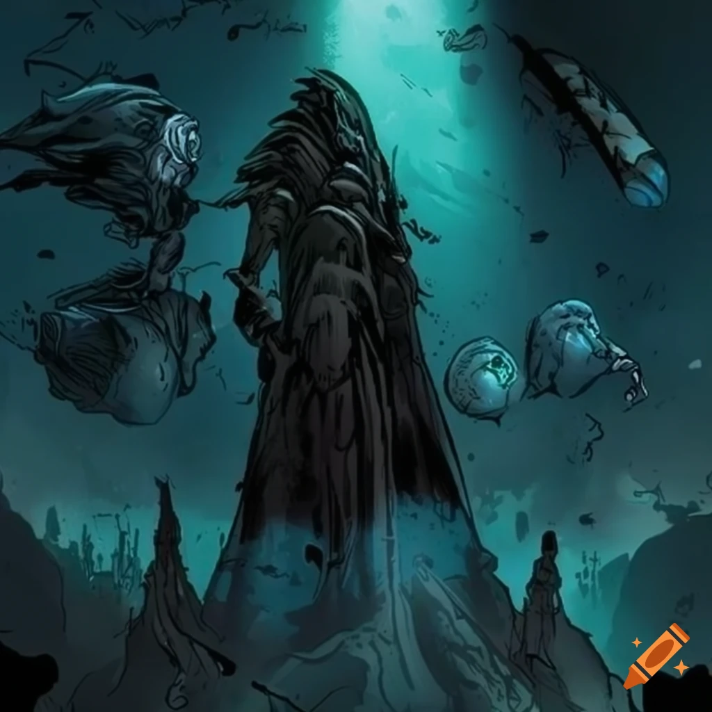 Dark sci-fi sea comic illustration