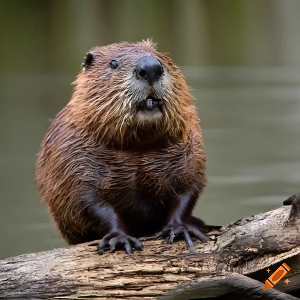 Beaver sitting on a log in a river