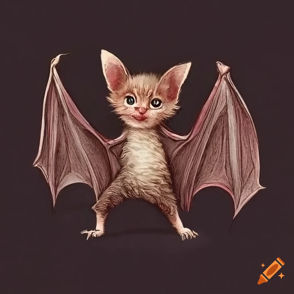 Detailed etching of a fluffy bat with a kitten face