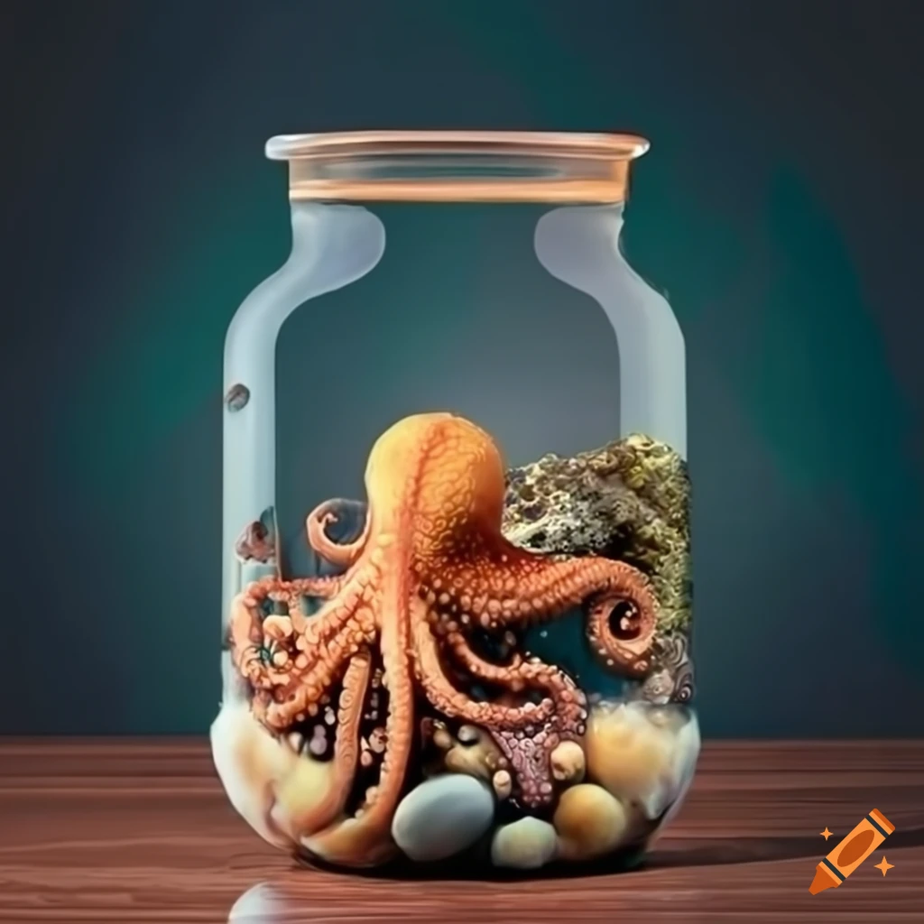 A jar with a coral reef and an octopus inside on Craiyon