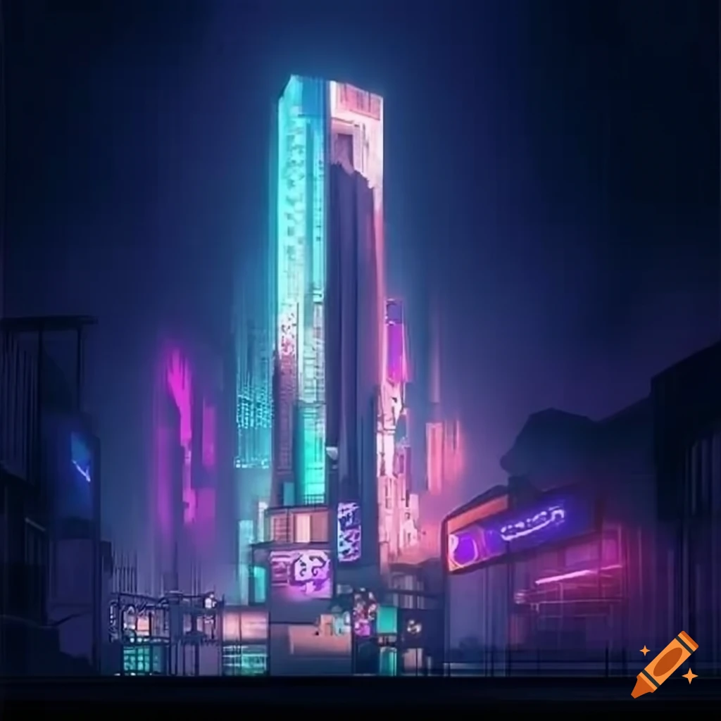 Cyberpunk style skyscraper architectural drawing