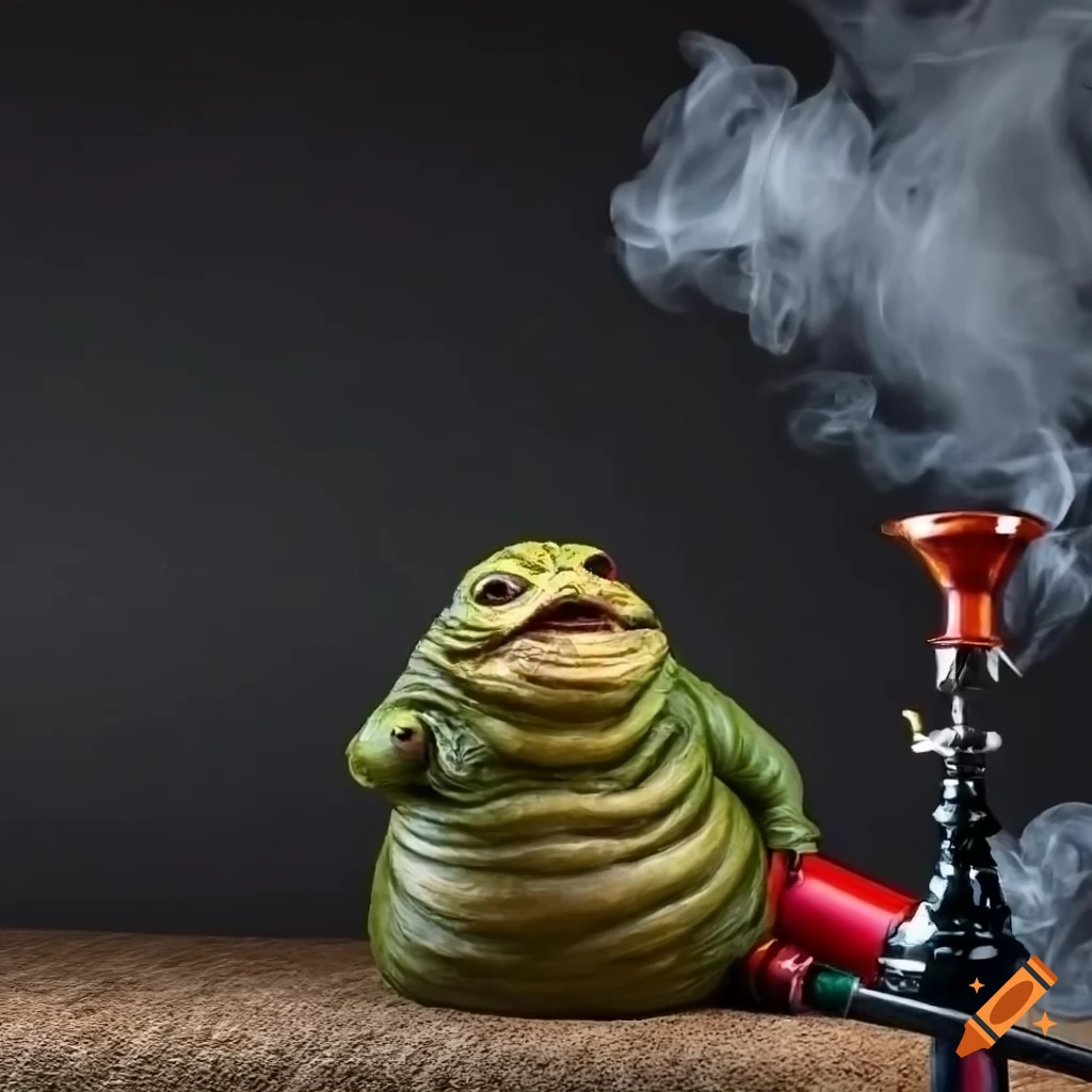 Illustration of a Hutt slug relaxing with a hookah on Craiyon
