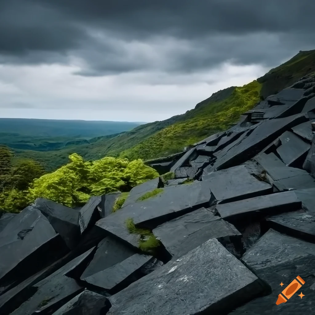 Black and white image of a deep slate quarry surrounded by forests on Craiyon
