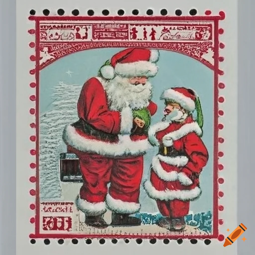 Vintage postage stamp with santa claus delivering gifts on Craiyon