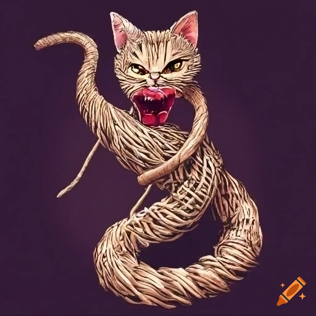 Detailed etching of a wicker cat monster on Craiyon