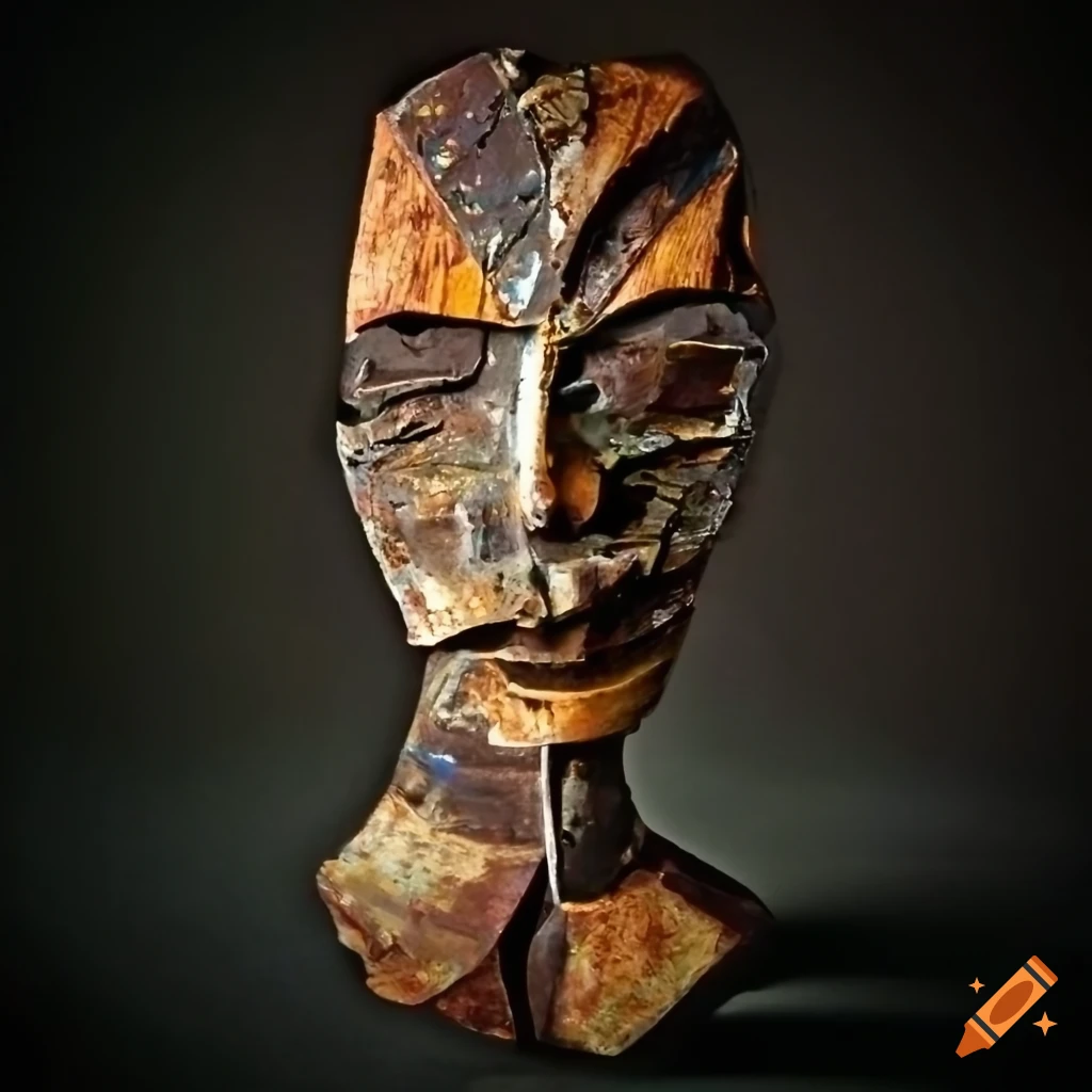 Mixed media sculpture made of wood, metal, glass, and recycled ...