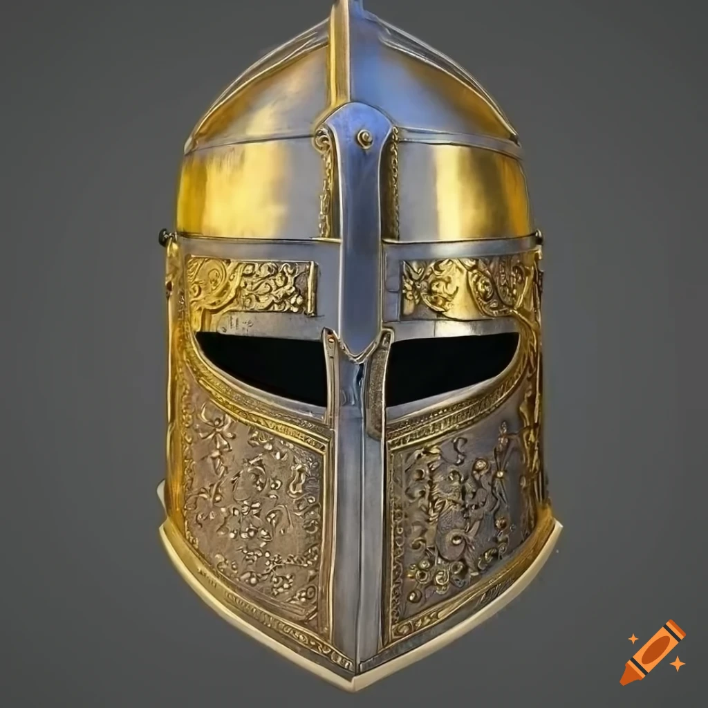 Photorealistic golden fantasy medieval helmet