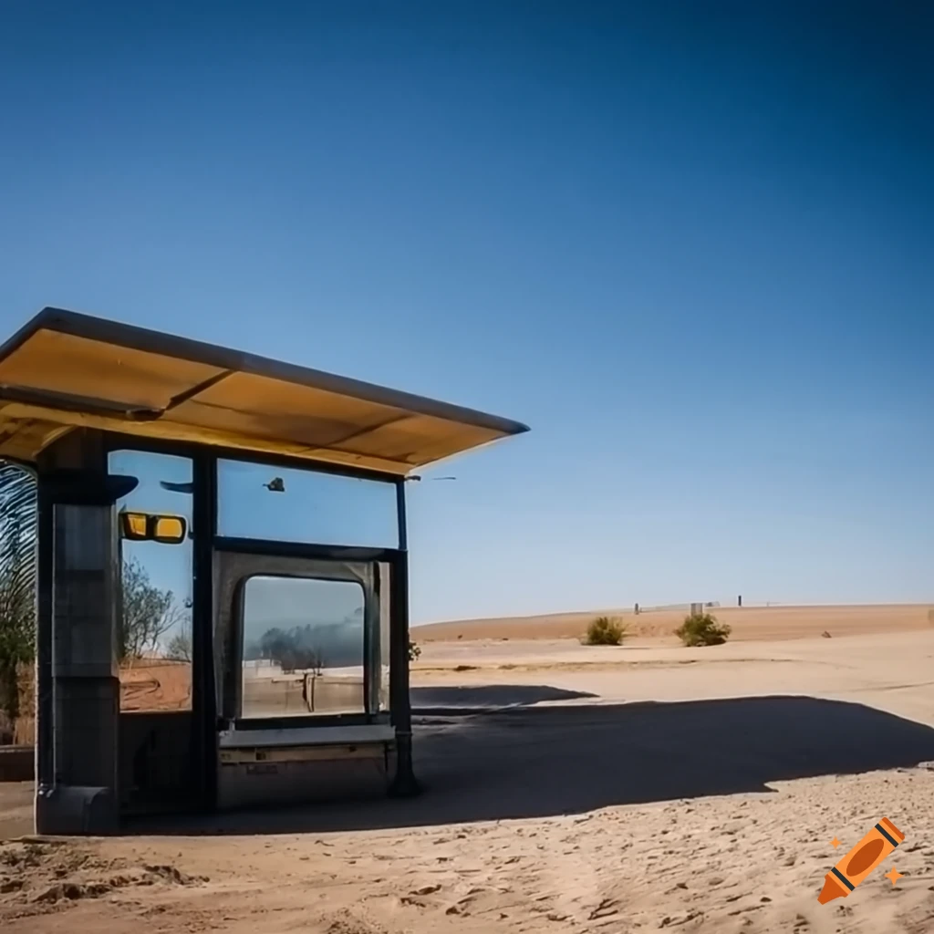 Wide-angle shot of a bus stop in the desert on Craiyon