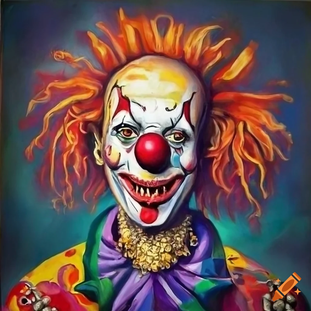 Surrealistic expressionist painting of a psychopathic clown in a morbid ...