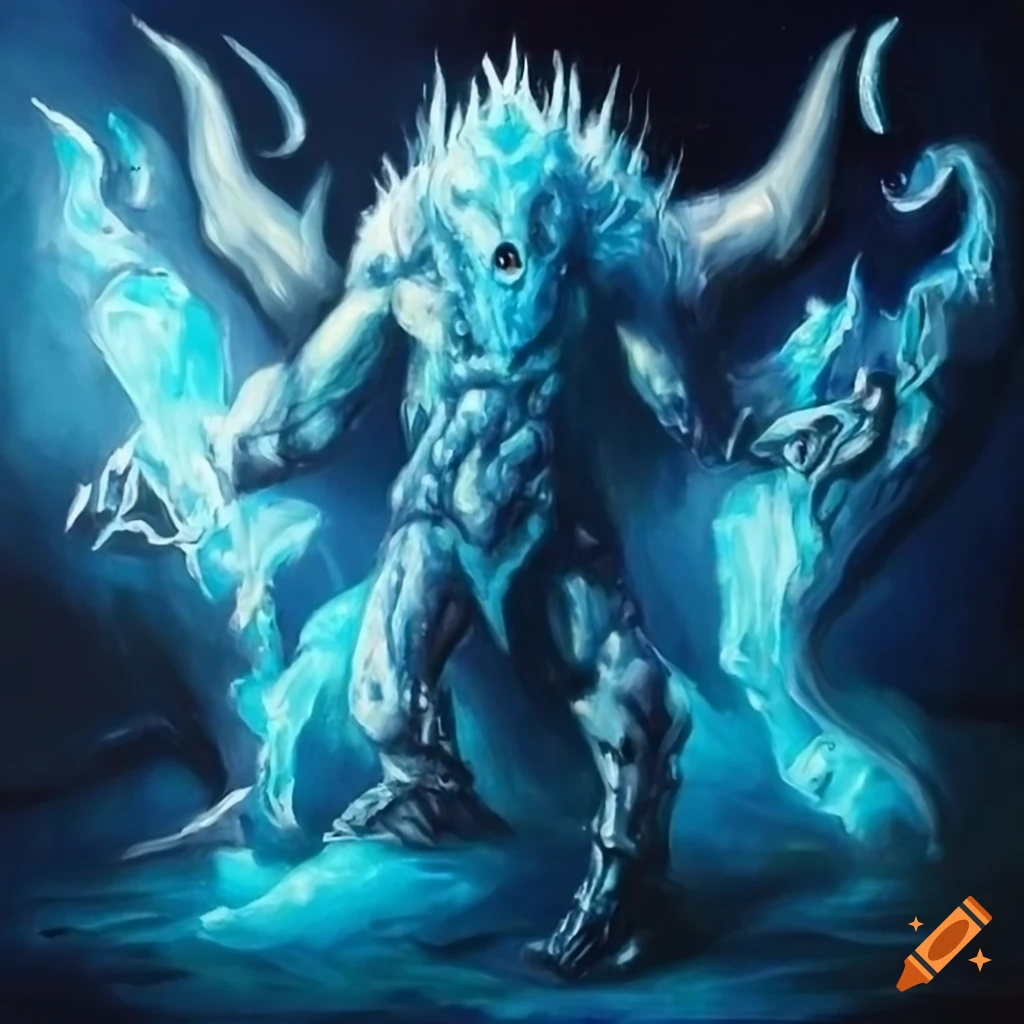 Oil painting of an ice elemental demon with horns on Craiyon