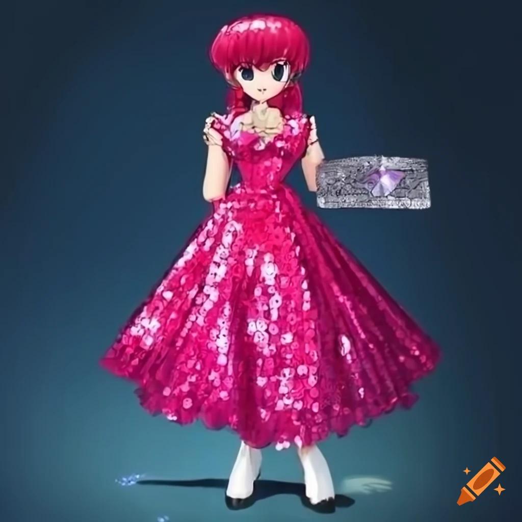 Ranma wearing a pink sequined dress and white opera gloves on Craiyon
