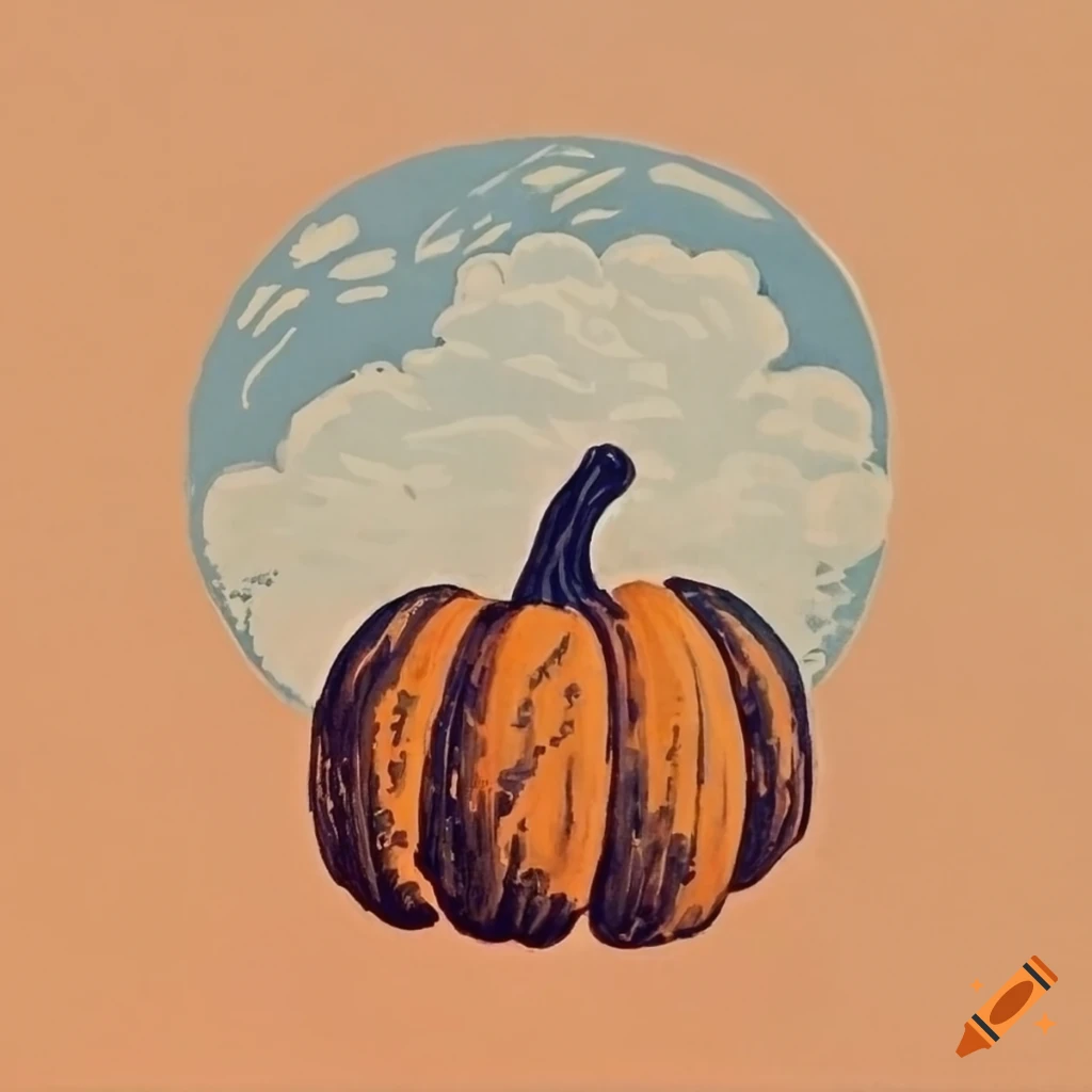 Linocut print of x and pumpkin in the clouds