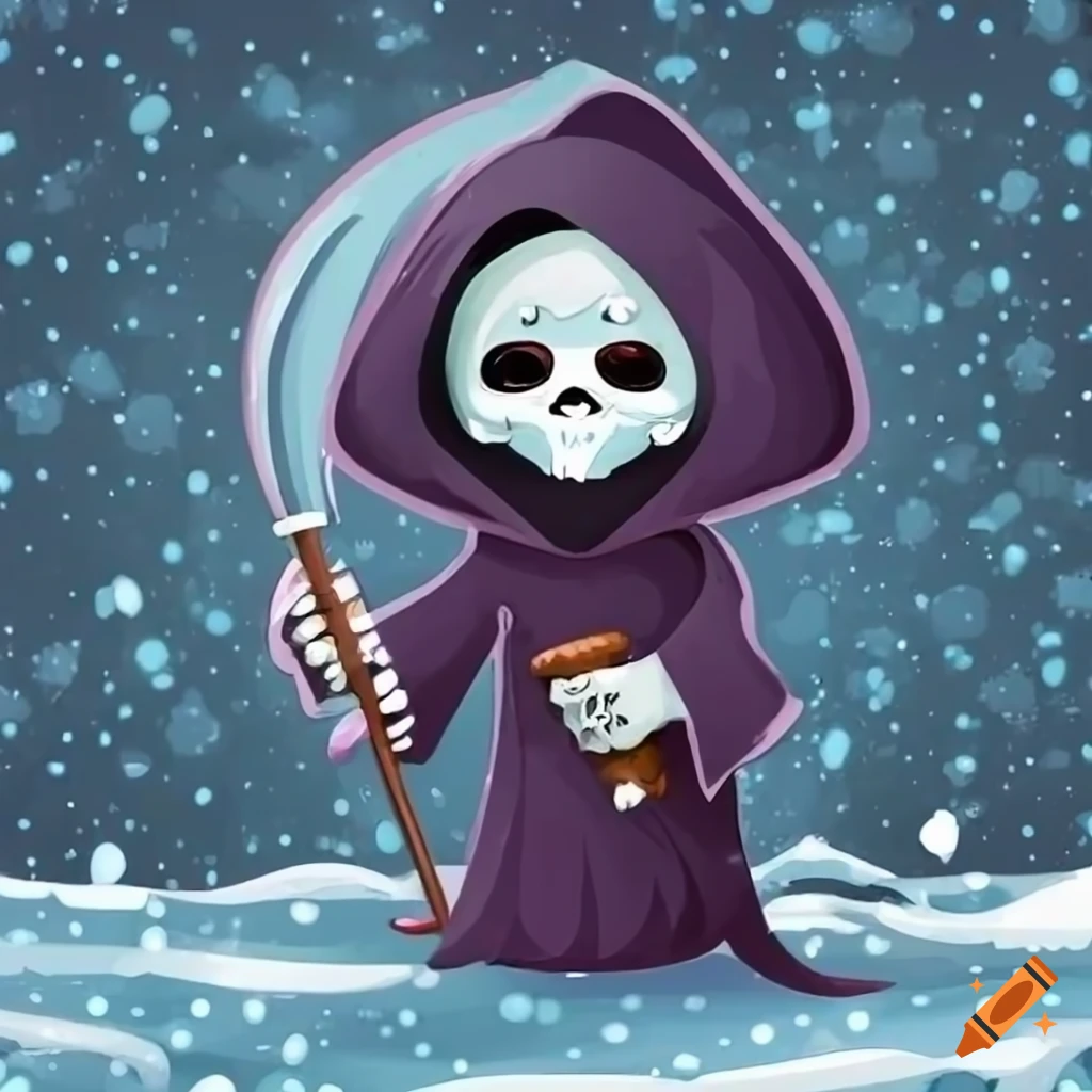 Cartoon of a cute grim reaper with a puppy in a snow storm on Craiyon