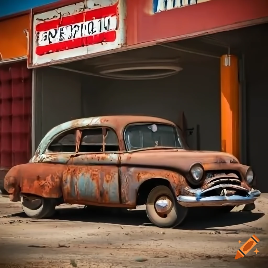 Rusty classic car in a desert gas station