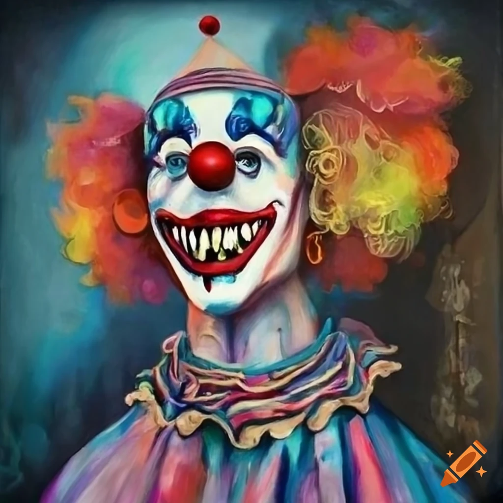Surreal painting of a psychopathic monster clown in a morbid circus tent
