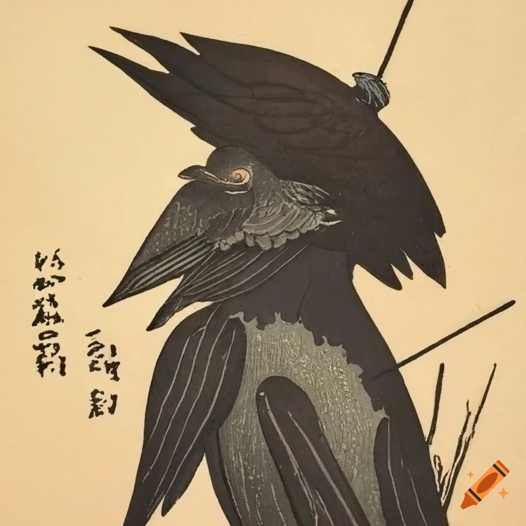 Japanese woodblock print of a crow-man on Craiyon