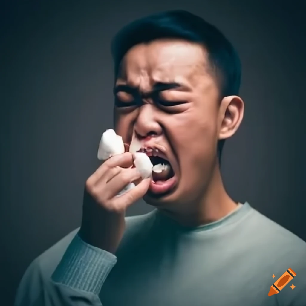 Humorous image of an angry man eating a crying marshmallow on Craiyon