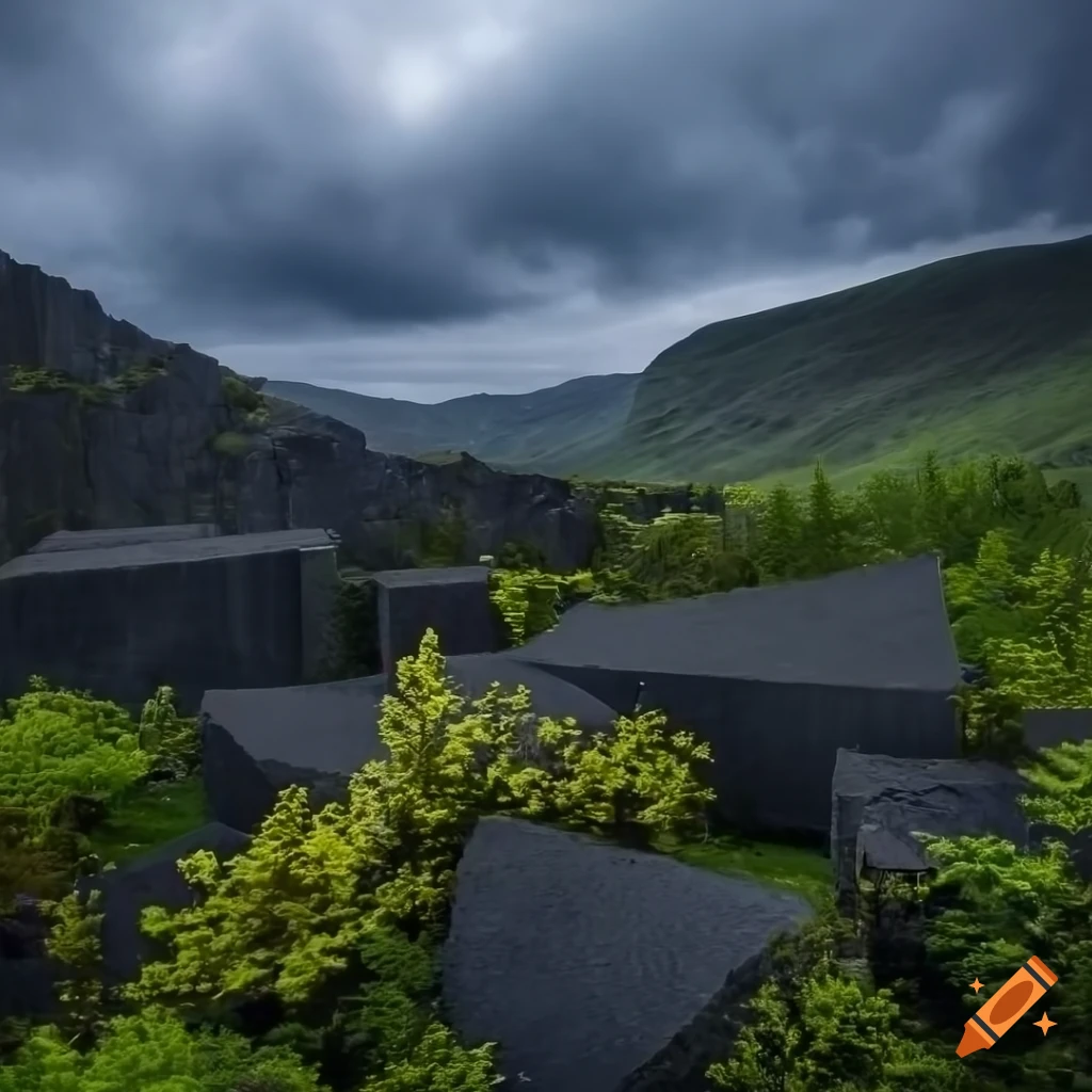 Black and white image of a deep slate quarry surrounded by forests on ...