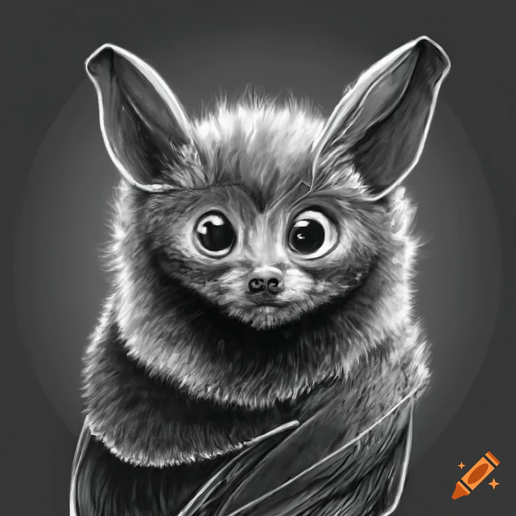 Etching of a fluffy bat with a kitten face