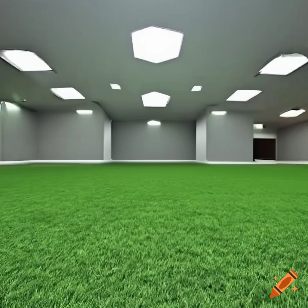 Wallpaper of backroom corridors with artificial grass floor on Craiyon