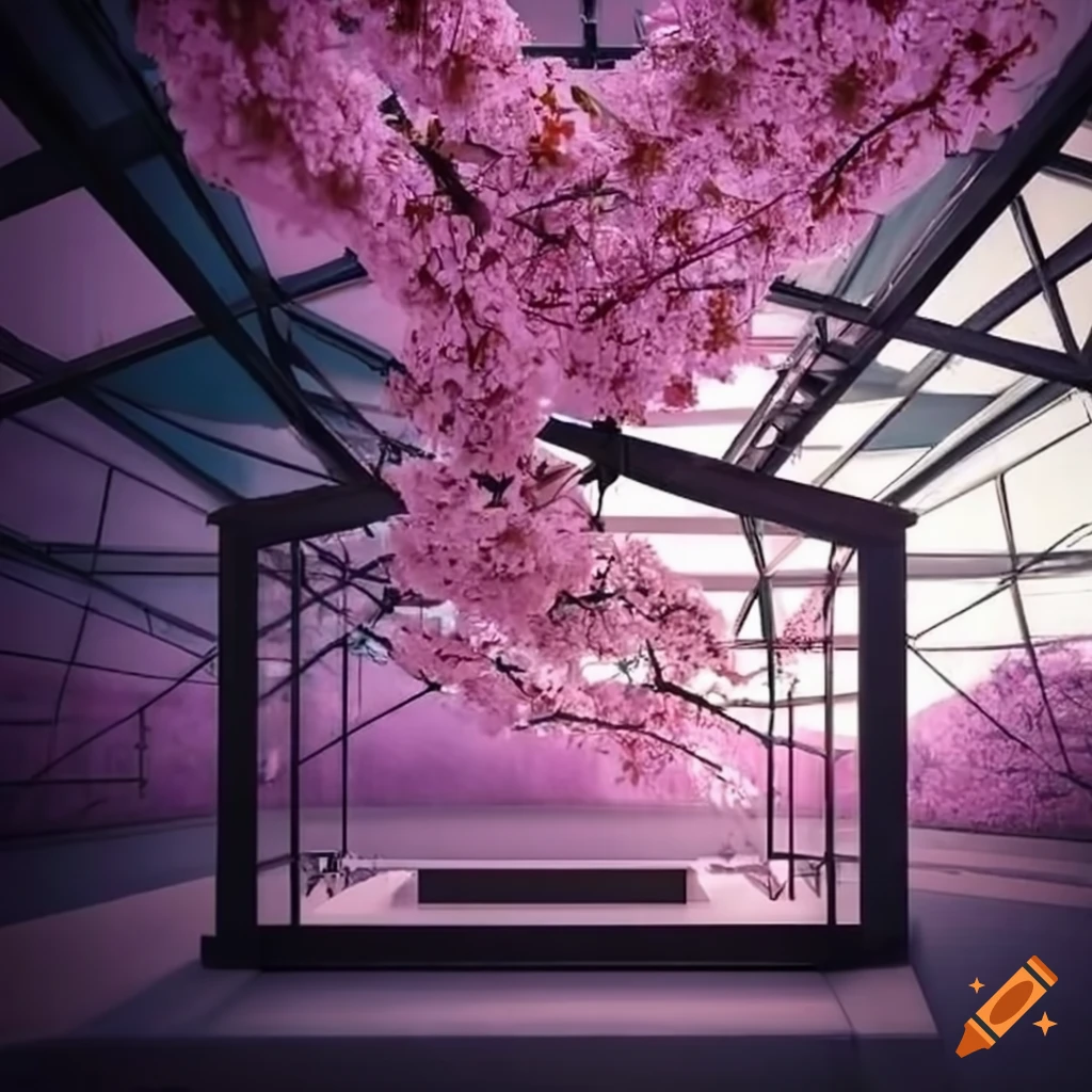 Interior building filled with sakura trees under a glass roof