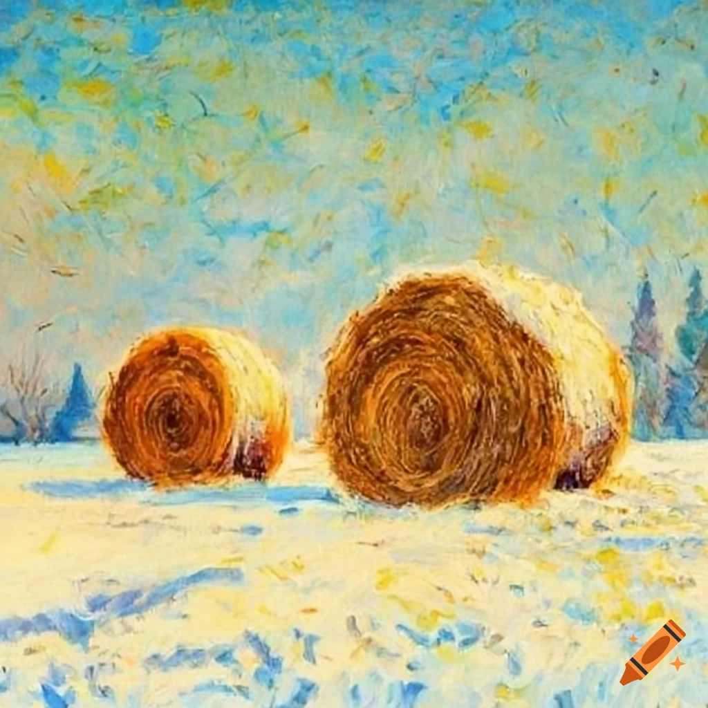 Impressionist depiction of haystacks in a snowy field on Craiyon