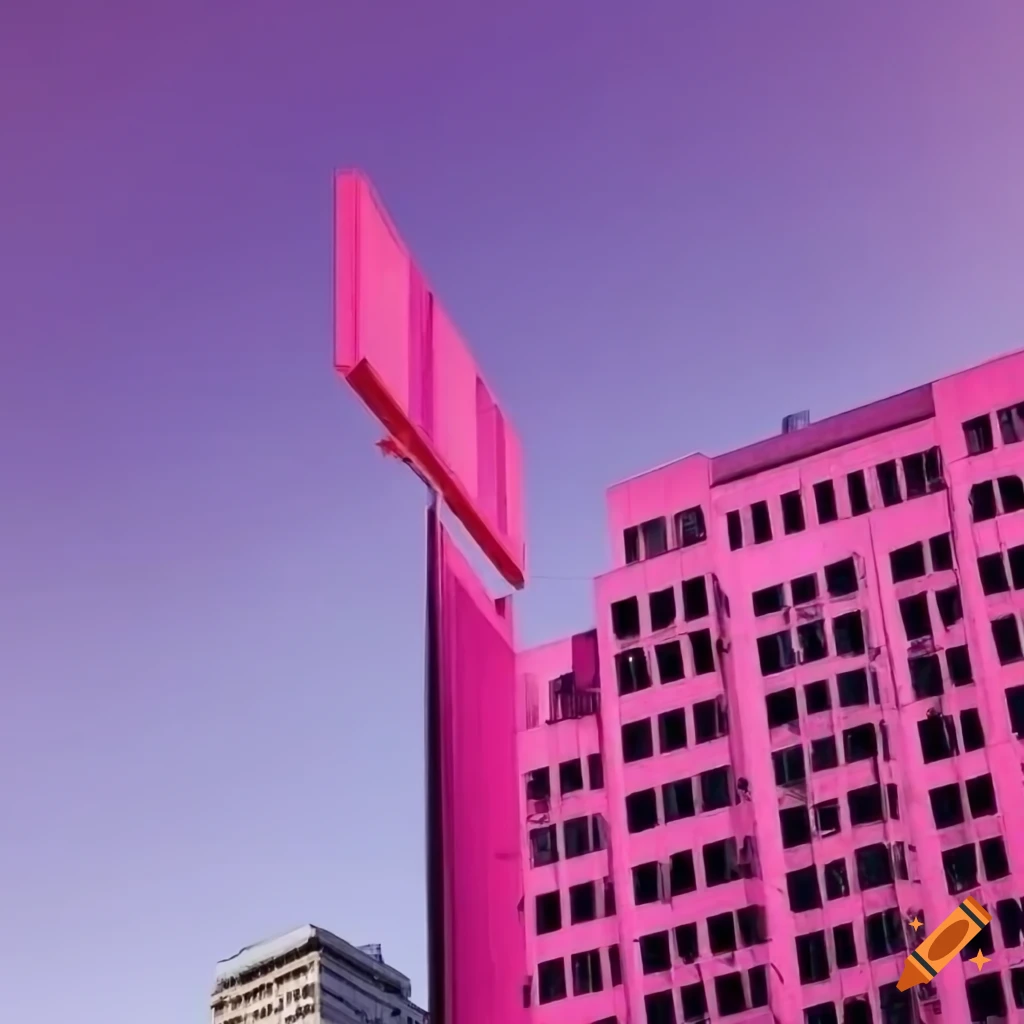 Pink billboard sign in a cityscape on Craiyon