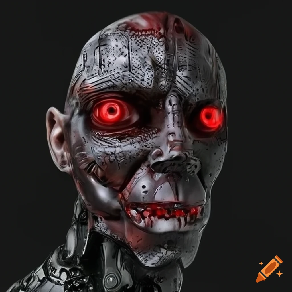 Cyborg head with sharp teeth and red eyes on Craiyon