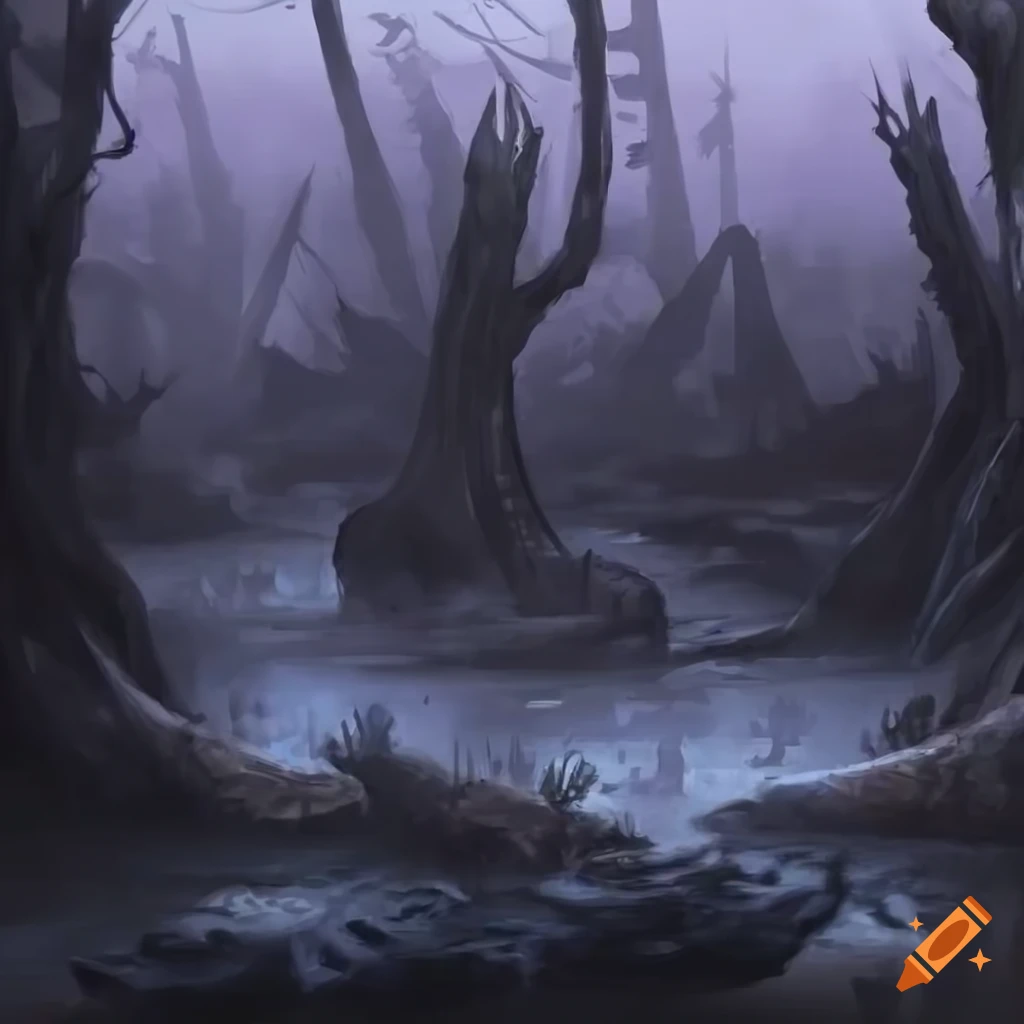 Grey swamp in a fantasy setting on Craiyon