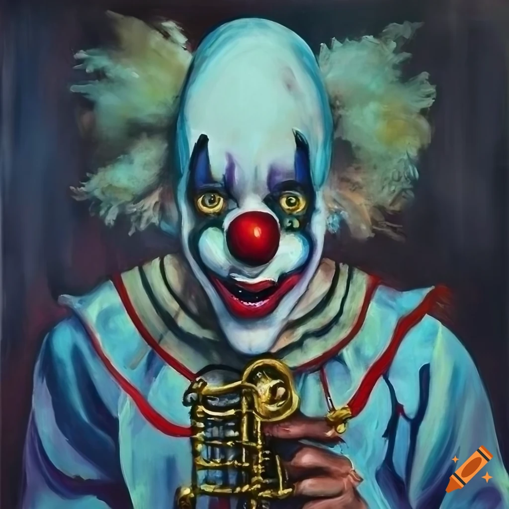 Dark surrealistic painting of morbid circus clowns on stage on Craiyon