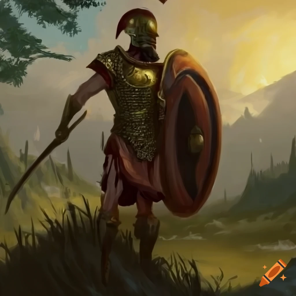 Fantasy artwork of a greek soldier in the countryside