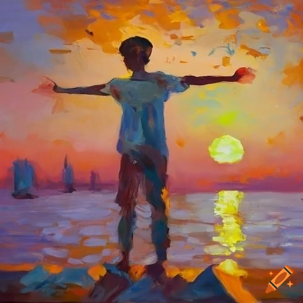 Impressionist painting of a man embracing the sunrise on Craiyon