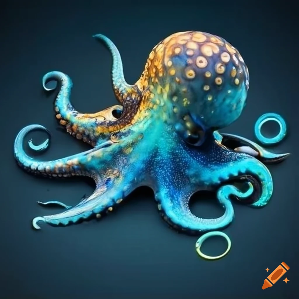 Artistic depiction of a black skin octopus with blue and gold spots on ...
