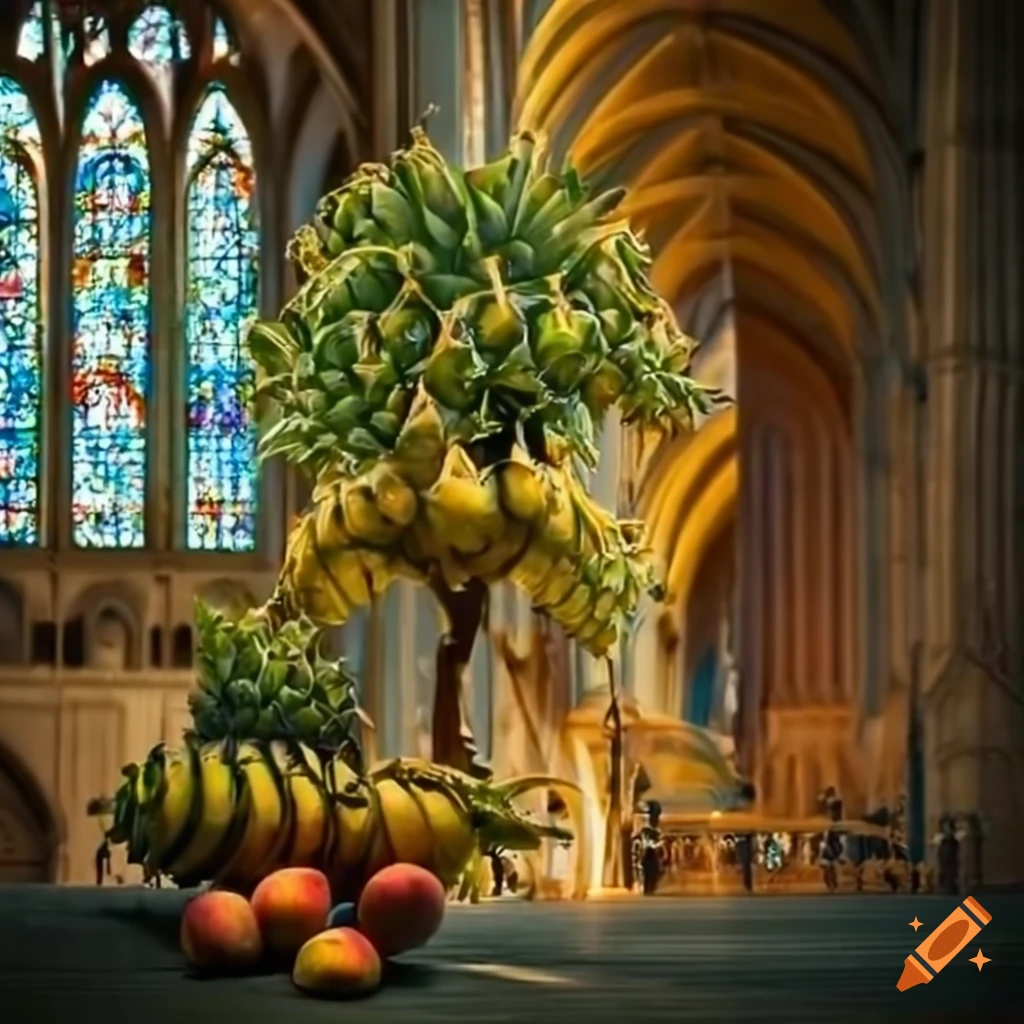 Fruit-bearing trees inside a cathedral on Craiyon