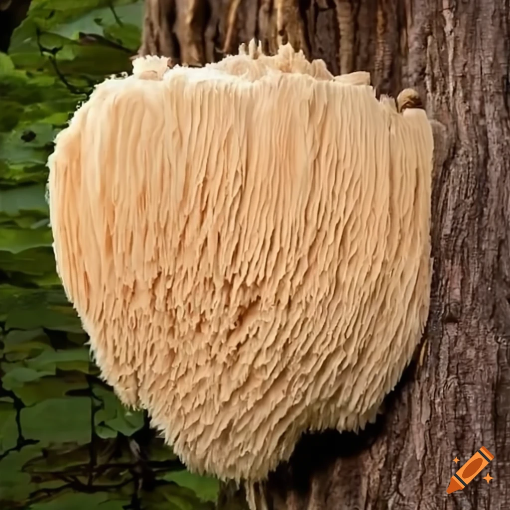Cluster of lion's mane mushrooms on a tree on Craiyon