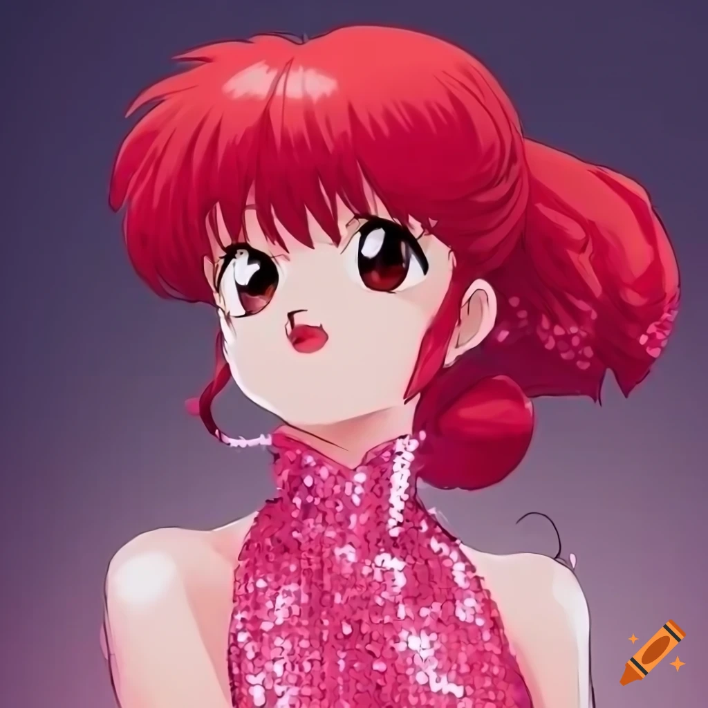 Headshot of ranma in pink sequined dress and red lipstick on Craiyon