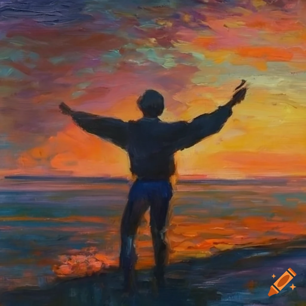 Impressionist painting of a man embracing the sunrise on Craiyon