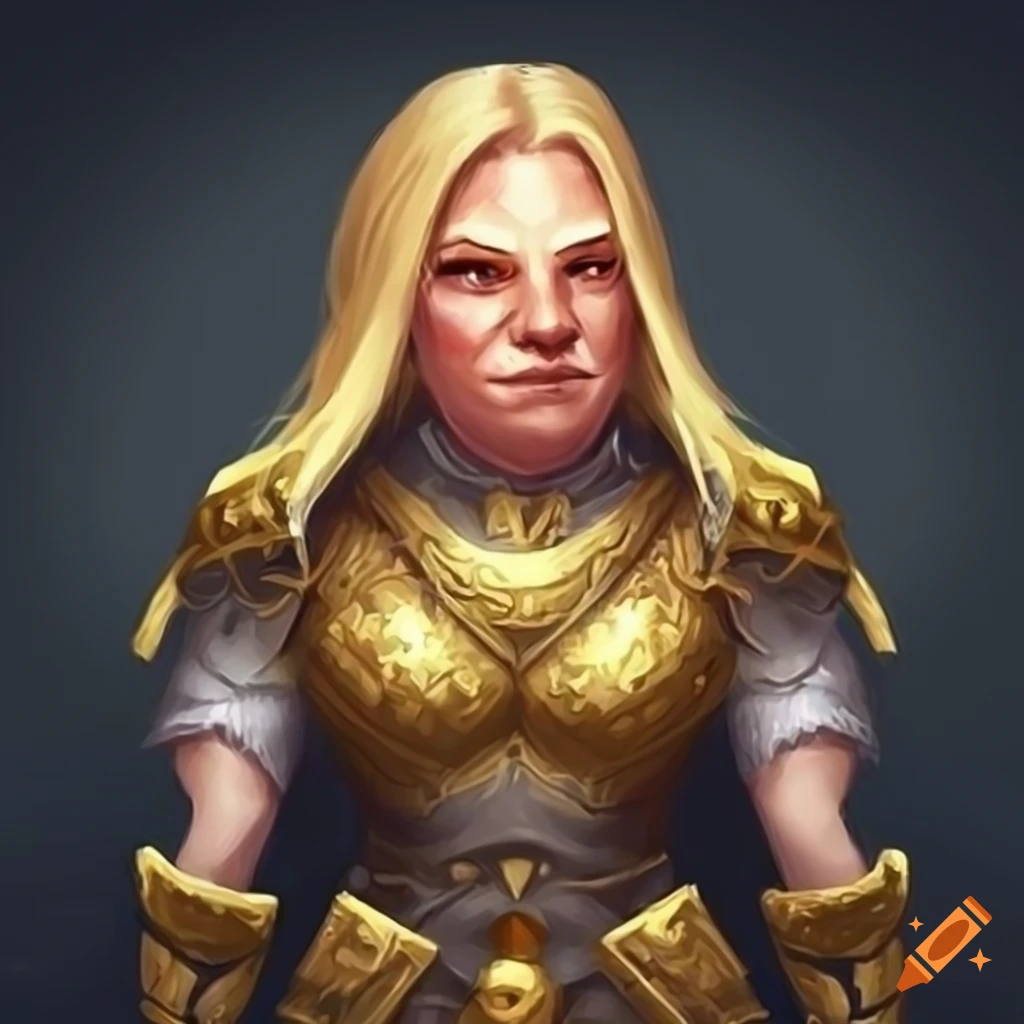 Illustration of a transgender dwarf cleric with golden armor