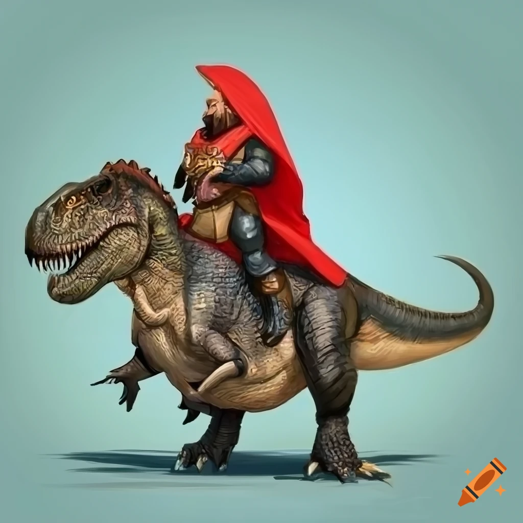 Illustration of a dwarf riding a T-Rex on Craiyon