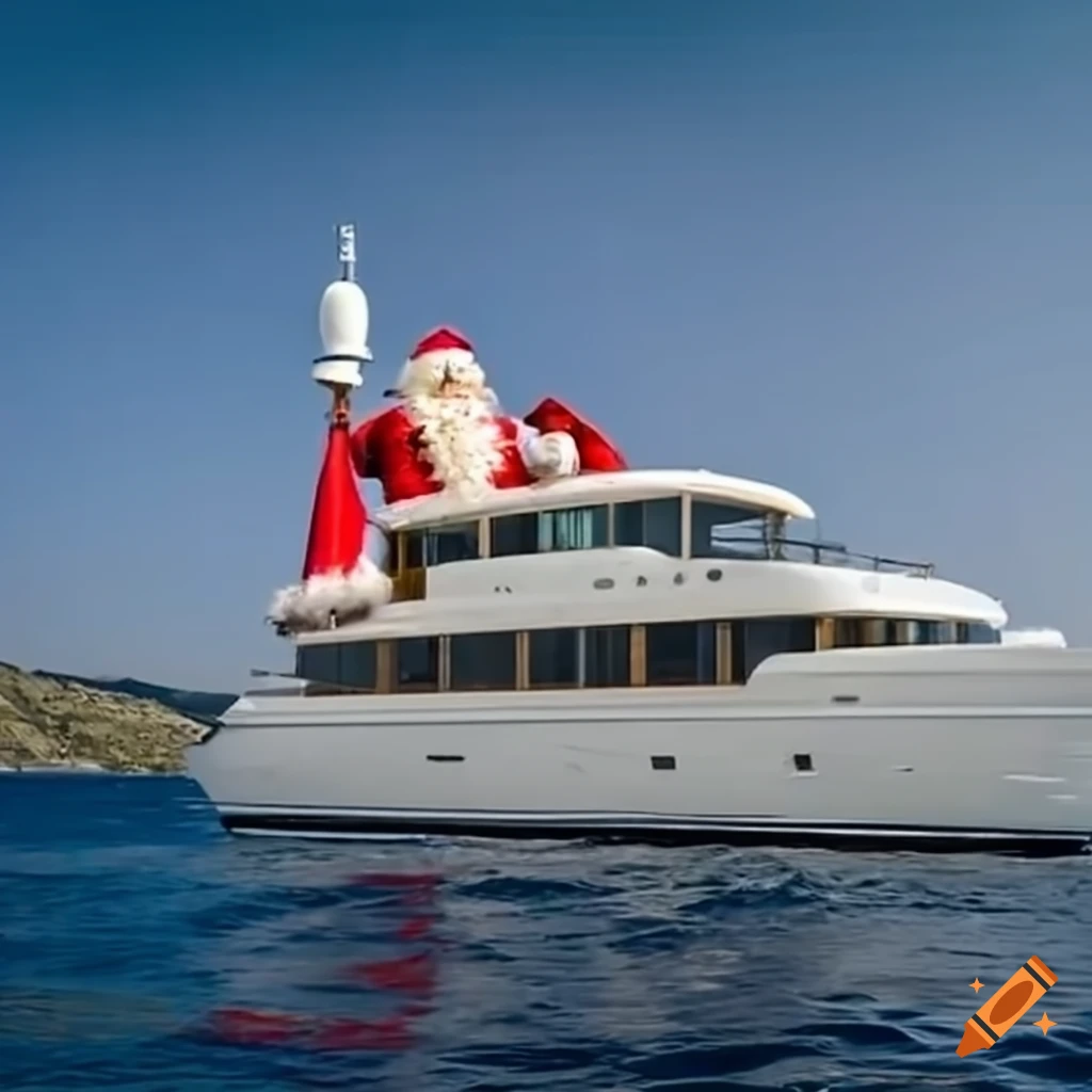 Santa claus with gifts on a luxury yacht