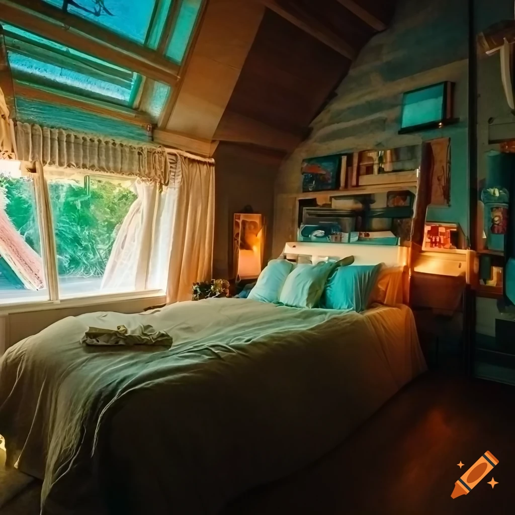 Sunset view of a colorful 80s girl's bedroom on Craiyon