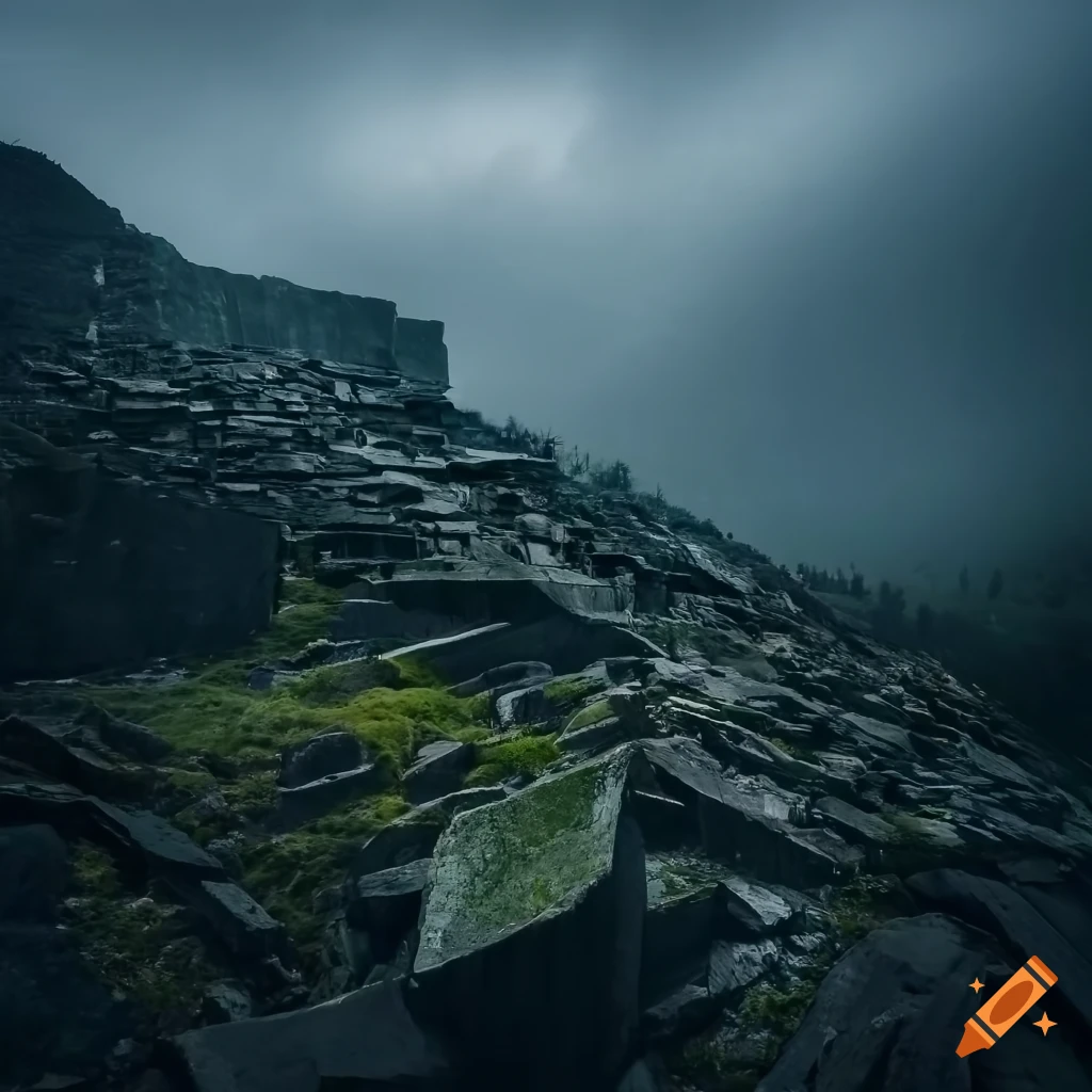 Black and white image of a deep slate quarry surrounded by forests on ...