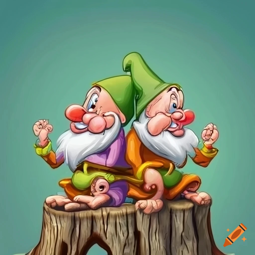Cartoon image of dwarfs sitting on a tree stump on Craiyon