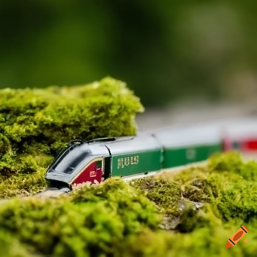 Macro photography of miniature railway surrounded by moss on Craiyon