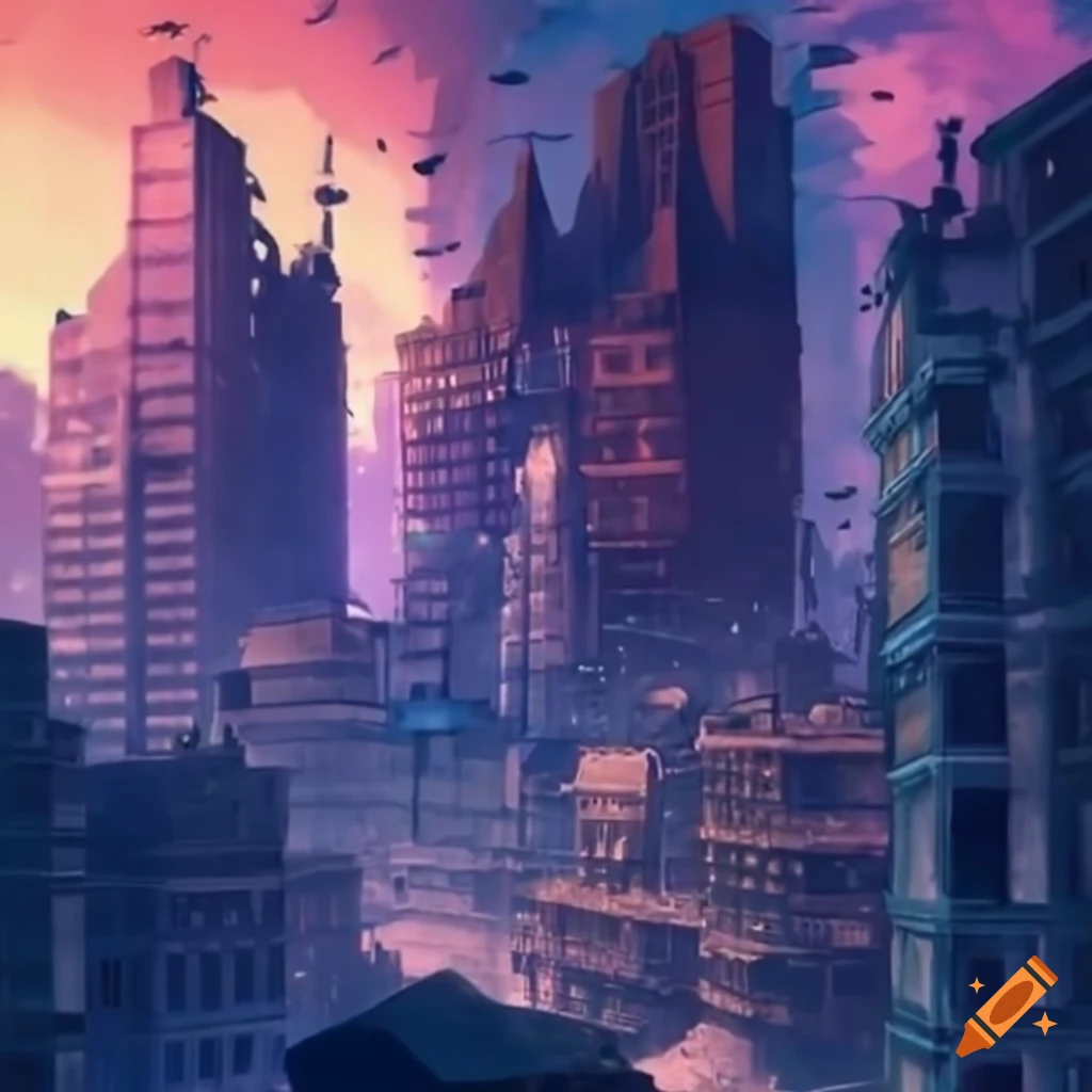 Anime artwork of a crumbling post-apocalyptic city on Craiyon