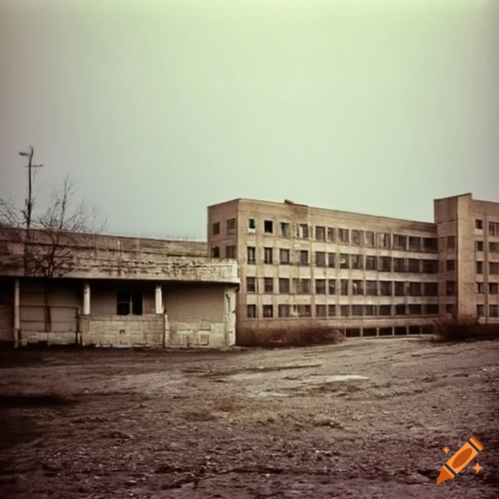 Iconic image of a 1970s hospital in desolate landscape on Craiyon