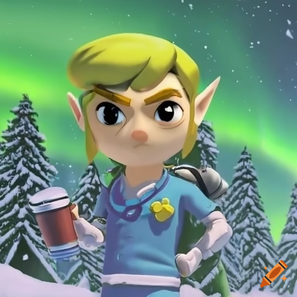 Toon link as a nurse walking in the snow with coffee on Craiyon