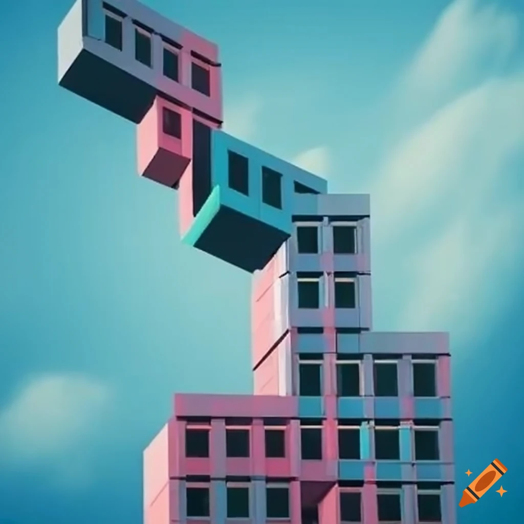 Abstract buildings falling like tetris blocks