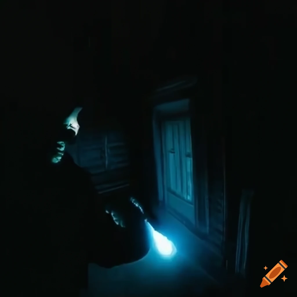Person exploring a haunted house with a flashlight on Craiyon